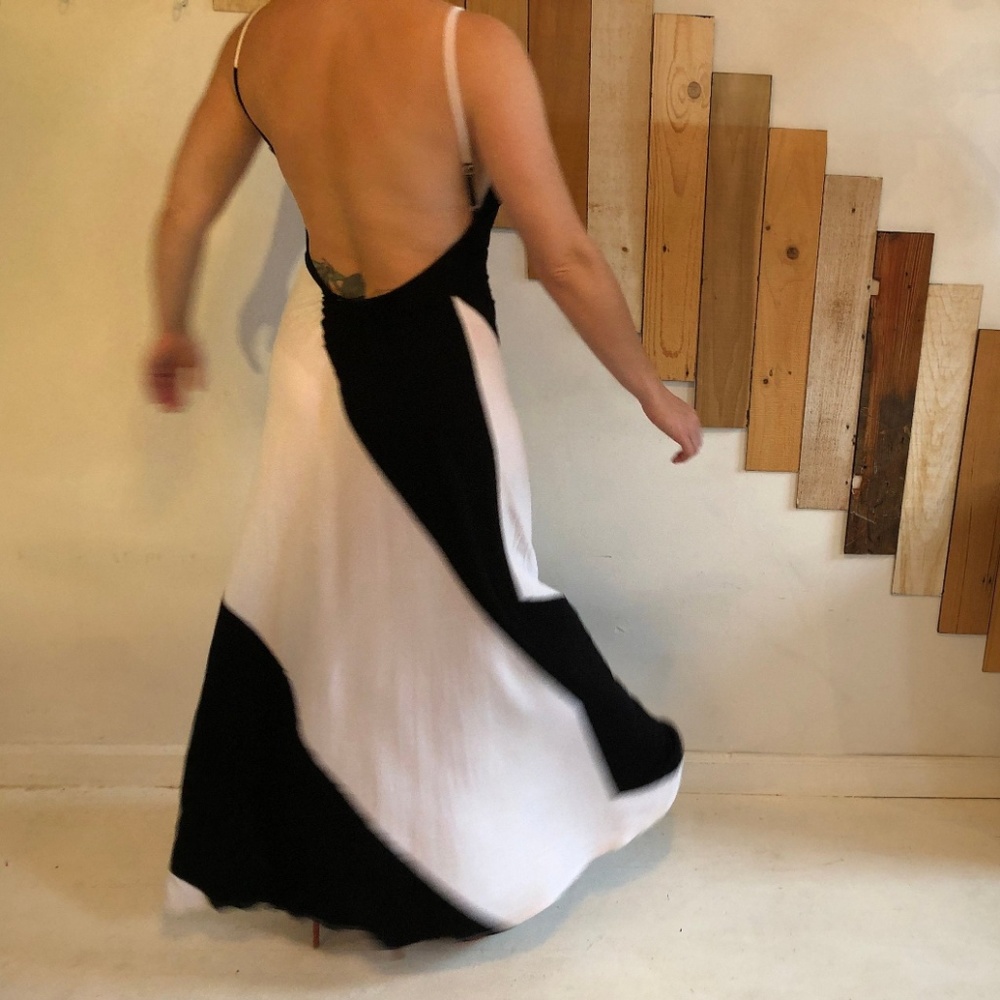 Backless Stretch Jersey B&W Tuxedo Maxi Dress - Gem